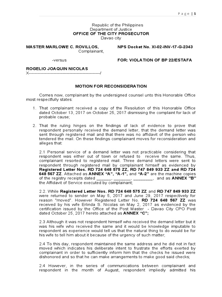Motion For Reconsideration Rovillos | PDF | Registered Mail | Public Law