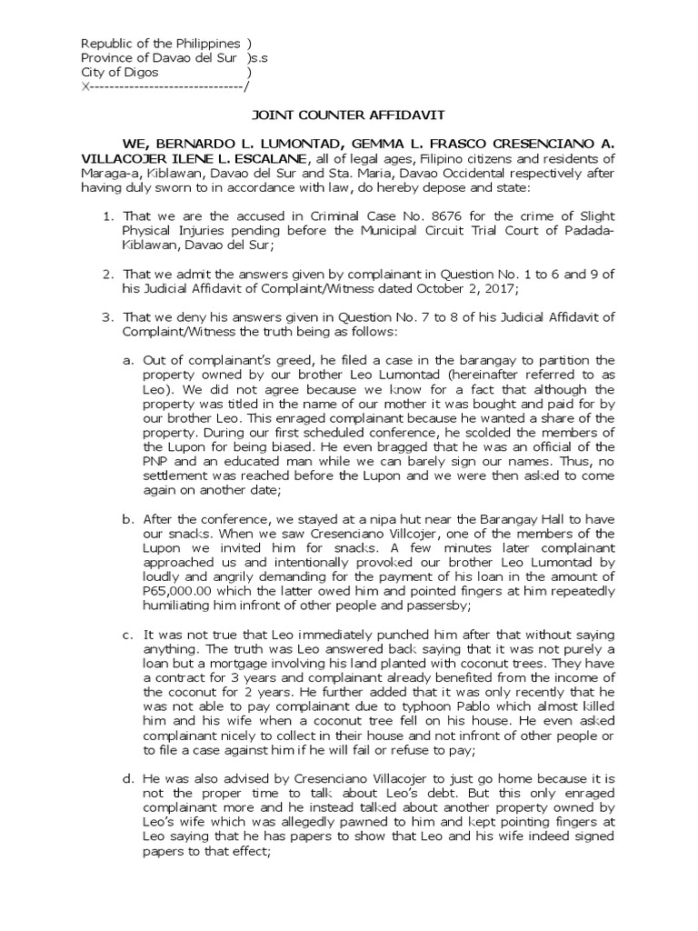 Joint Counter Affidavit Lumontad | PDF | Affidavit | Loans