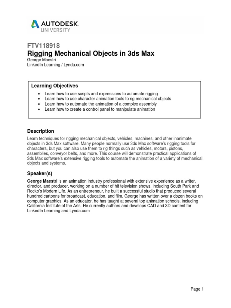 Class Handout FTV118918 Rigging Mechanical Objectsin 3 Ds Max George ...