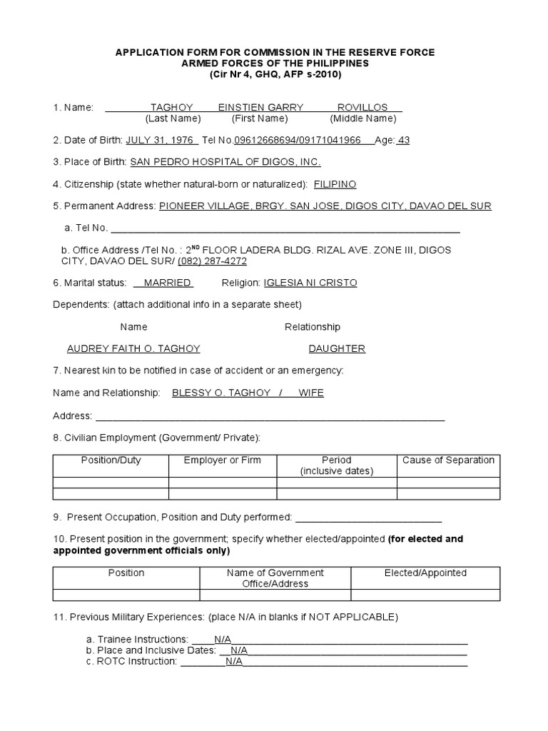 Application Form For Commission in The Reserve Force Armed Forces of ...