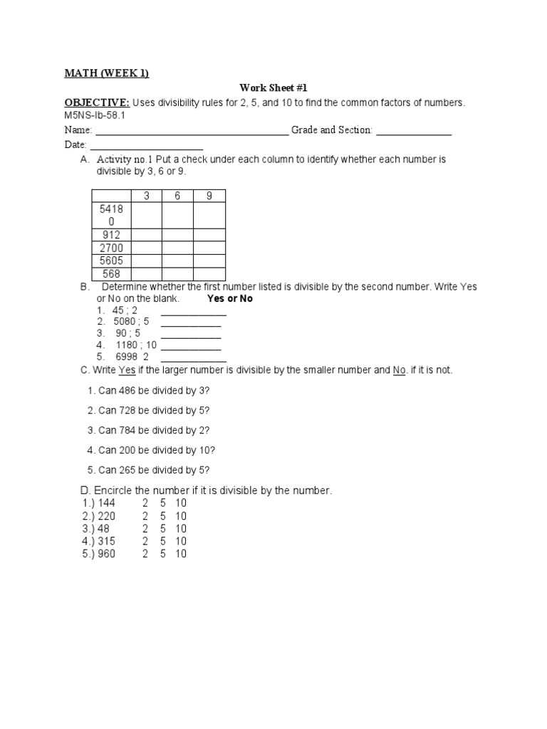 MATH 5 Worksheet Q1Week 1 4 | PDF | Worksheet | Arithmetic