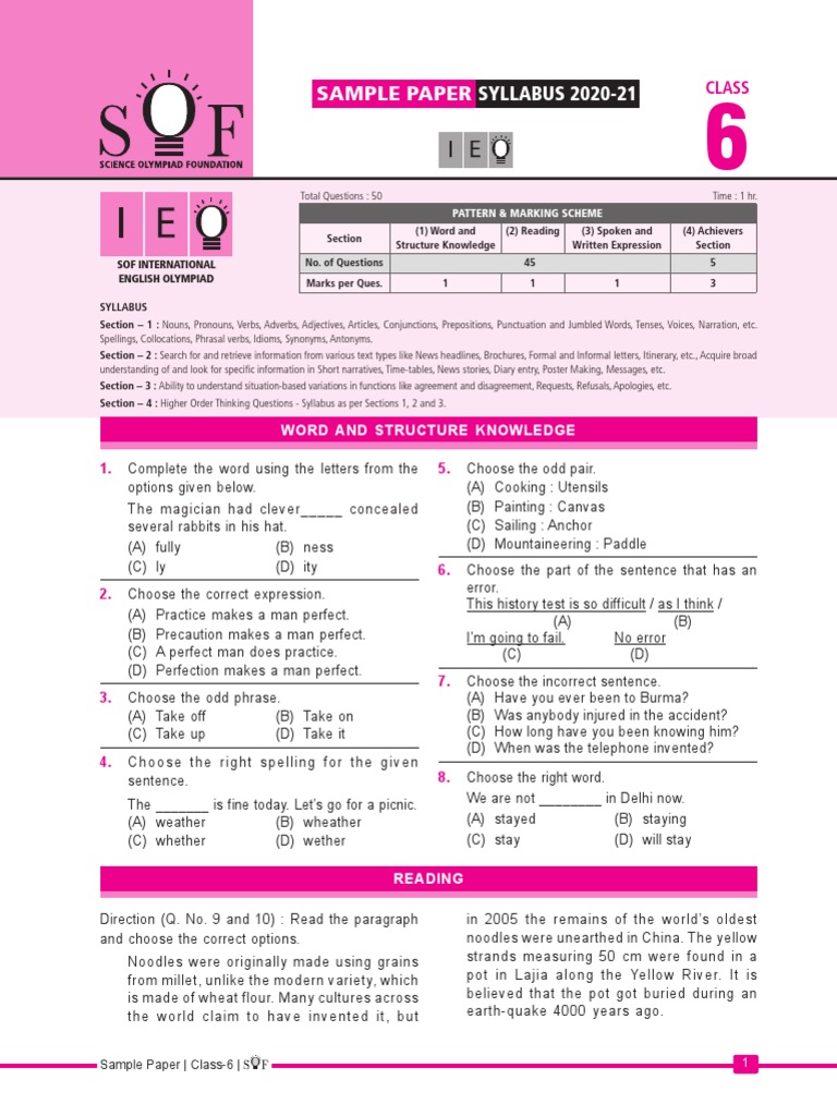 Ieo Sample Paper Class-6 PDF | PDF | Verb | English Language