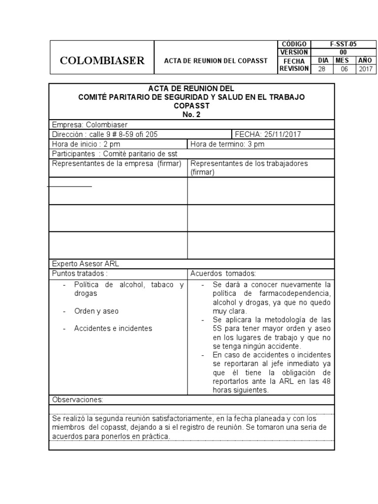 Acta de Reunión COPASST 25/11/2017 | PDF