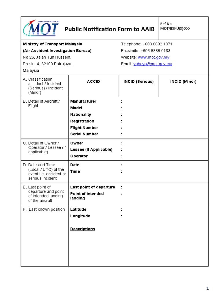 Public Notification Form To AAIB | PDF | Aviation Accidents And ...