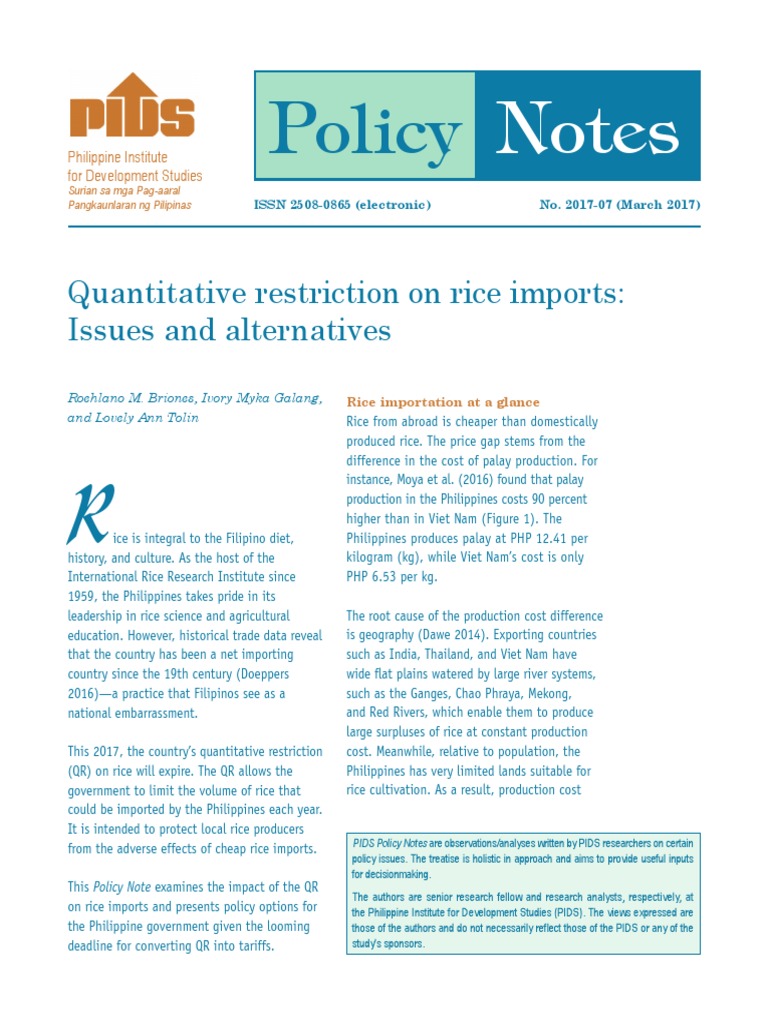 Olicy: Quantitative Restriction On Rice Imports: Issues and ...