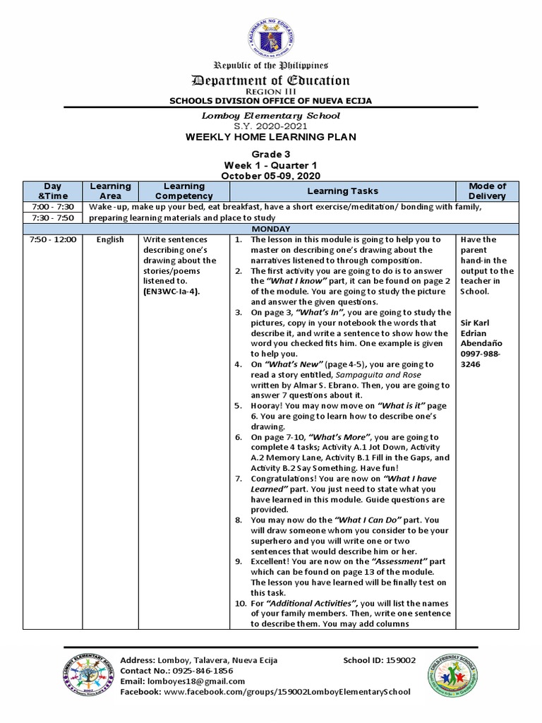 Weekly Home Learning Plan | PDF