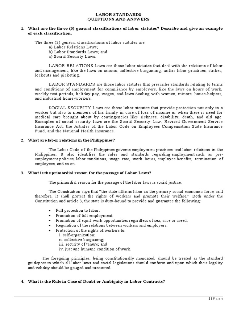 Labor Standards Questions and Answers | PDF | Employment | Residency ...