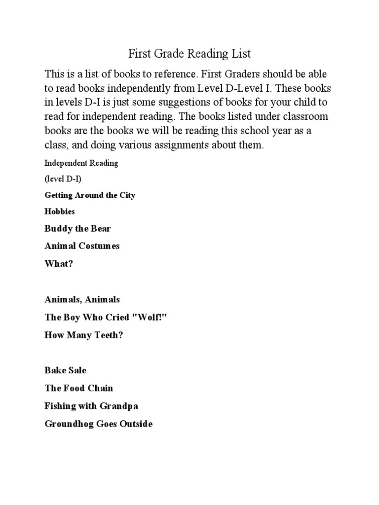 Website First Grade Reading List | PDF | Poetry | General Fiction