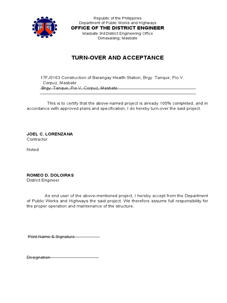 Turn-Over and Acceptance: Office of The District Engineer | PDF
