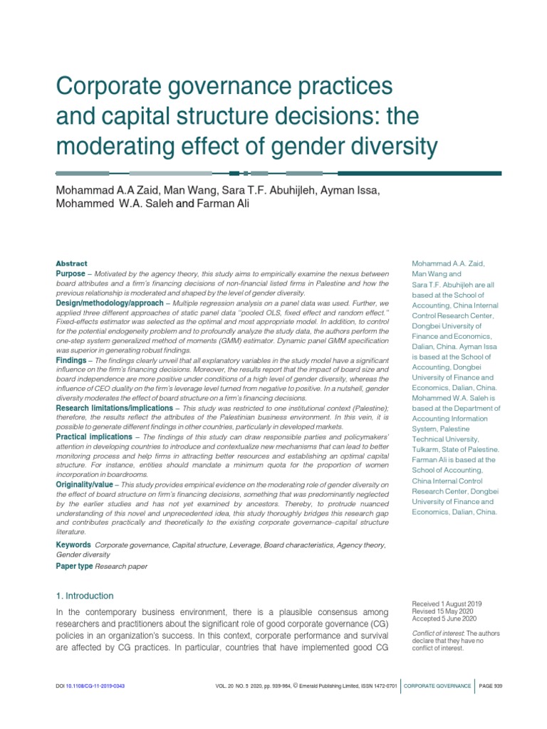 Moderating Effect of Gender Diversity | PDF | Capital Structure | Corporate Governance