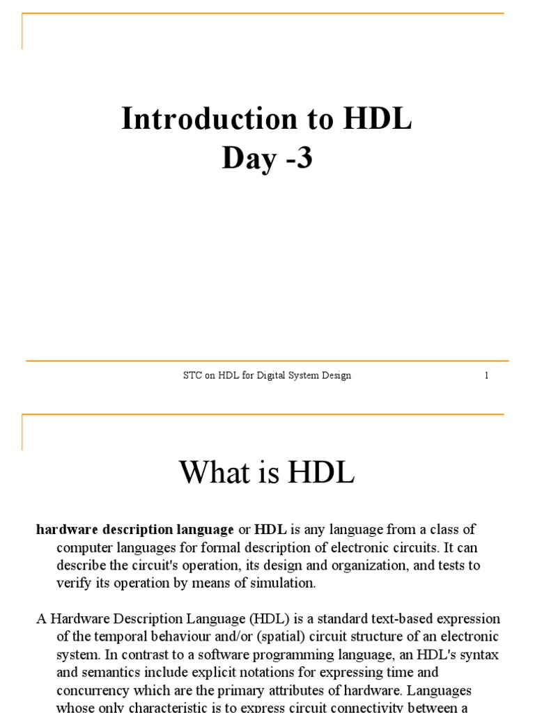 Introduction To Hdl Day 3 Stc On Hdl For Digital System Design 1 Pdf Hardware Description 5298