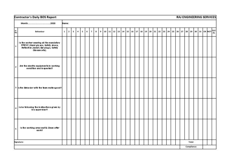 Contractor's Daily BOS Report Raj Engineering Services: Month ... 2020 ...