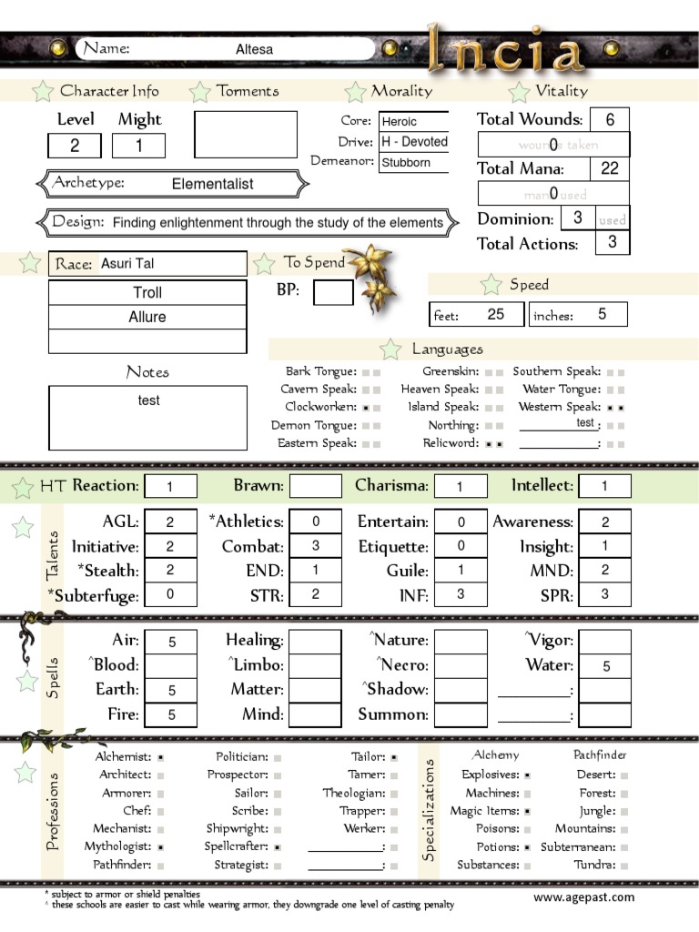 Elementalist: Name: Torments Morality Core: Drive: Demeanor | PDF ...