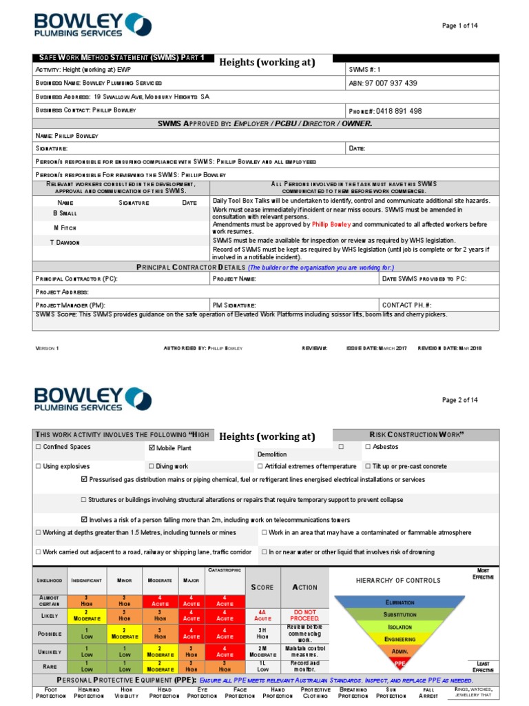 Heights (Working At) : S W M S (SWMS) P 1 | PDF | Personal Protective ...