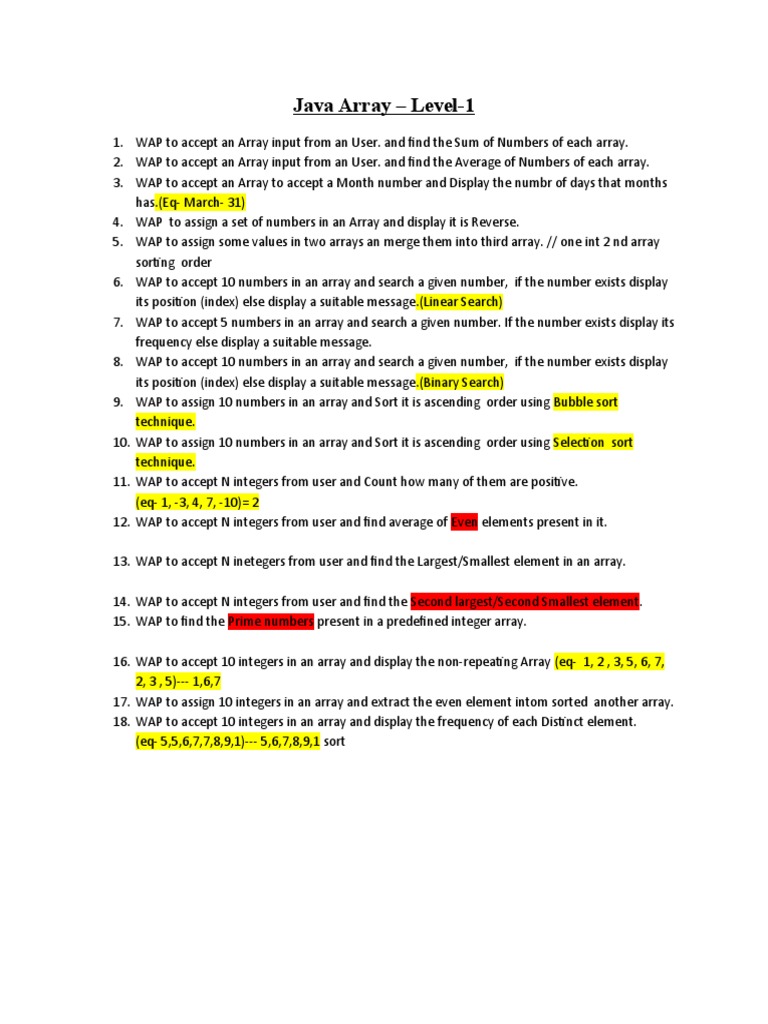 Java Array - Sum, Average, Searching, Sorting and Other Operations | PDF