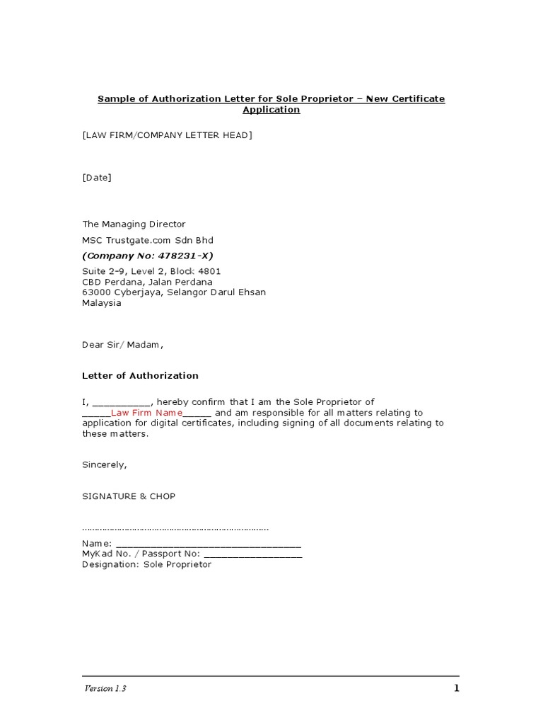Sample of Authorization Letter For Sole Proprietor | PDF