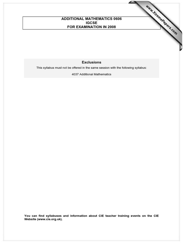 Additional Mathematics 0606 Igcse For Examination in 2008 | PDF ...