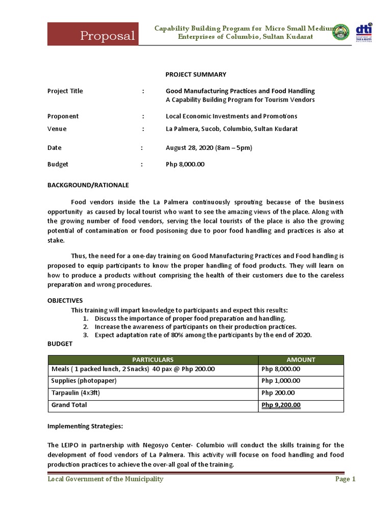 Proposal: Project Summary Good Manufacturing Practices and Food ...