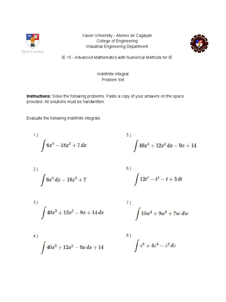 Indefinite Integral Problem Set Pdf