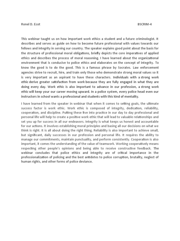 Work Ethic Reflection | PDF | Integrity | Police