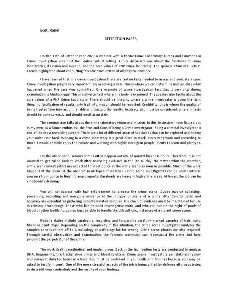 Reflection - Crime Laboratory Duties and Functions in Crime ...