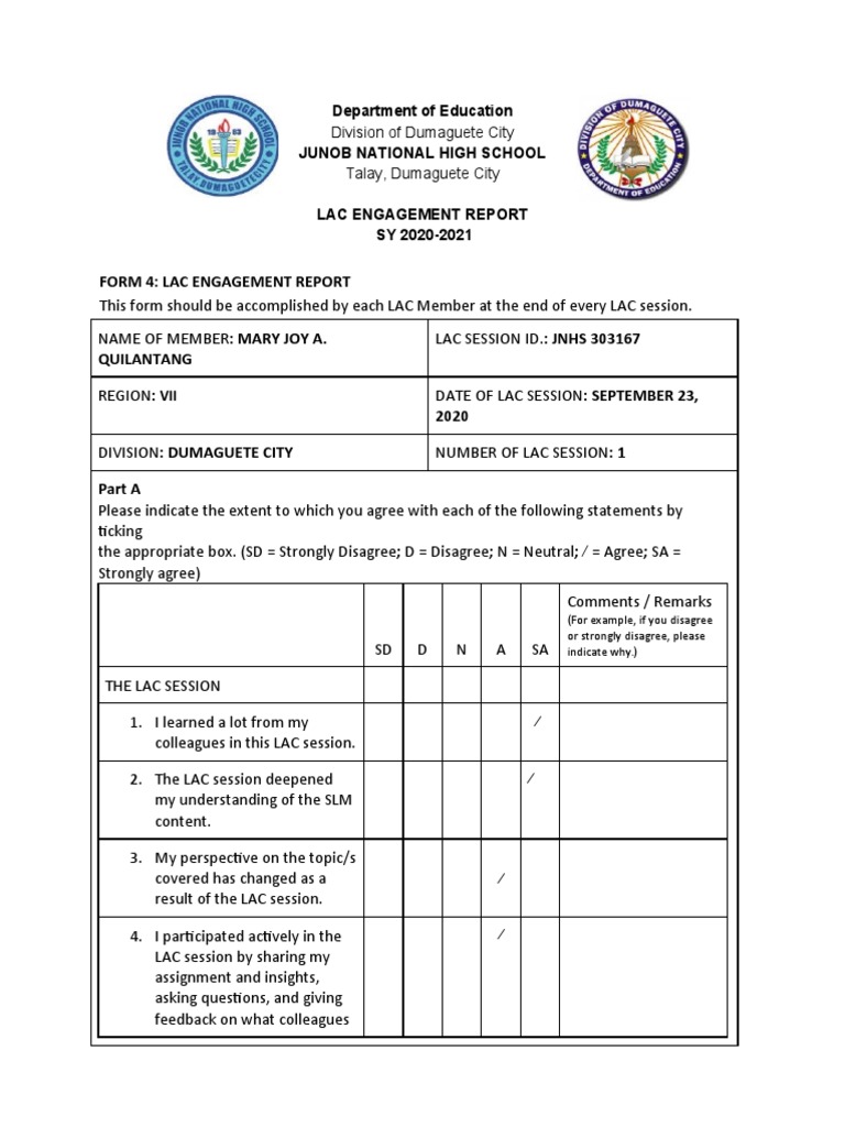 Form 4: Lac Engagement Report: Department of Education Junob National ...