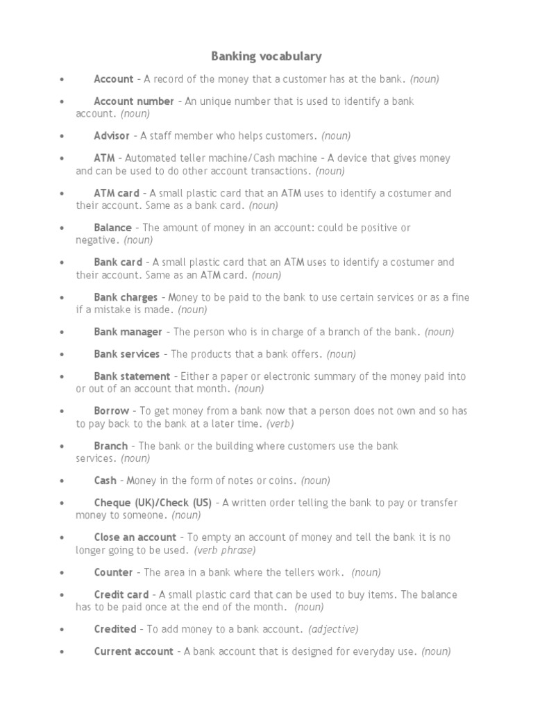 Banking Vocabulary | PDF | Automated Teller Machine | Overdraft