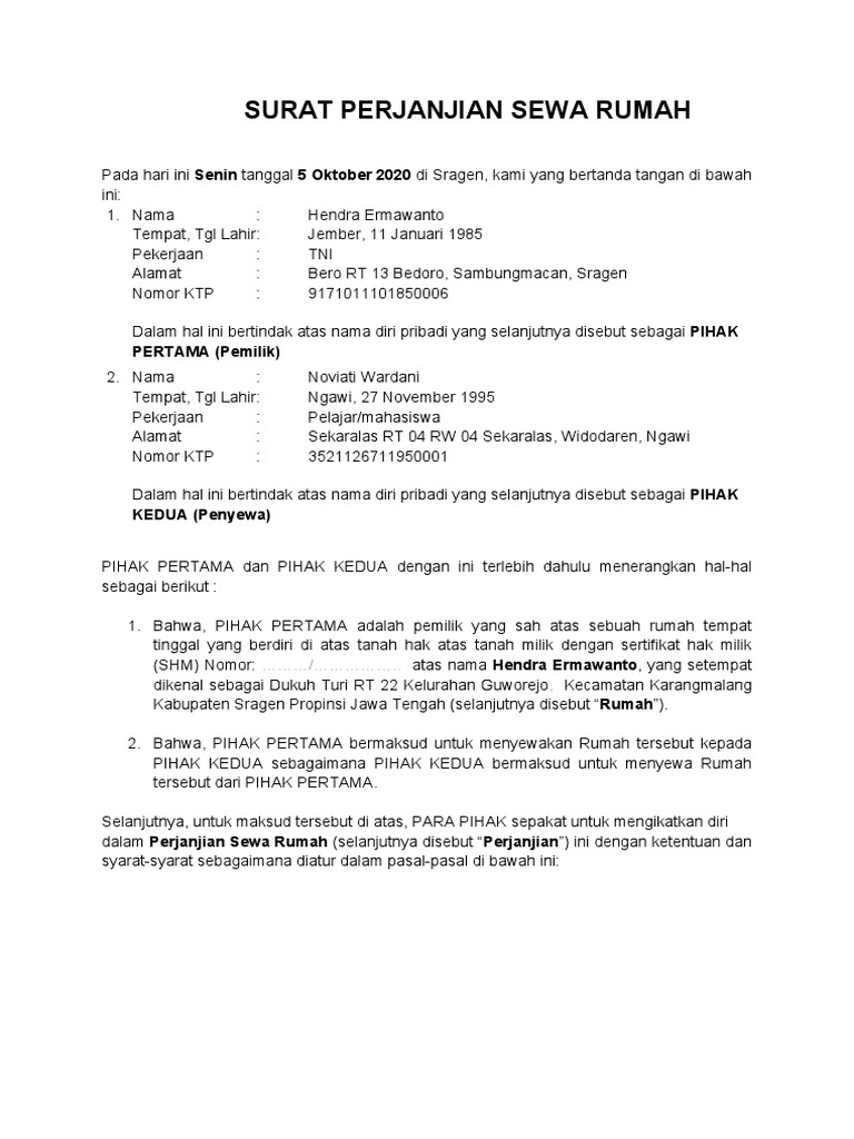 Surat Sewa Rumah | PDF