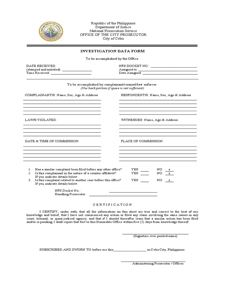 Investigation Data Form | PDF | Prosecutor | Government Institutions