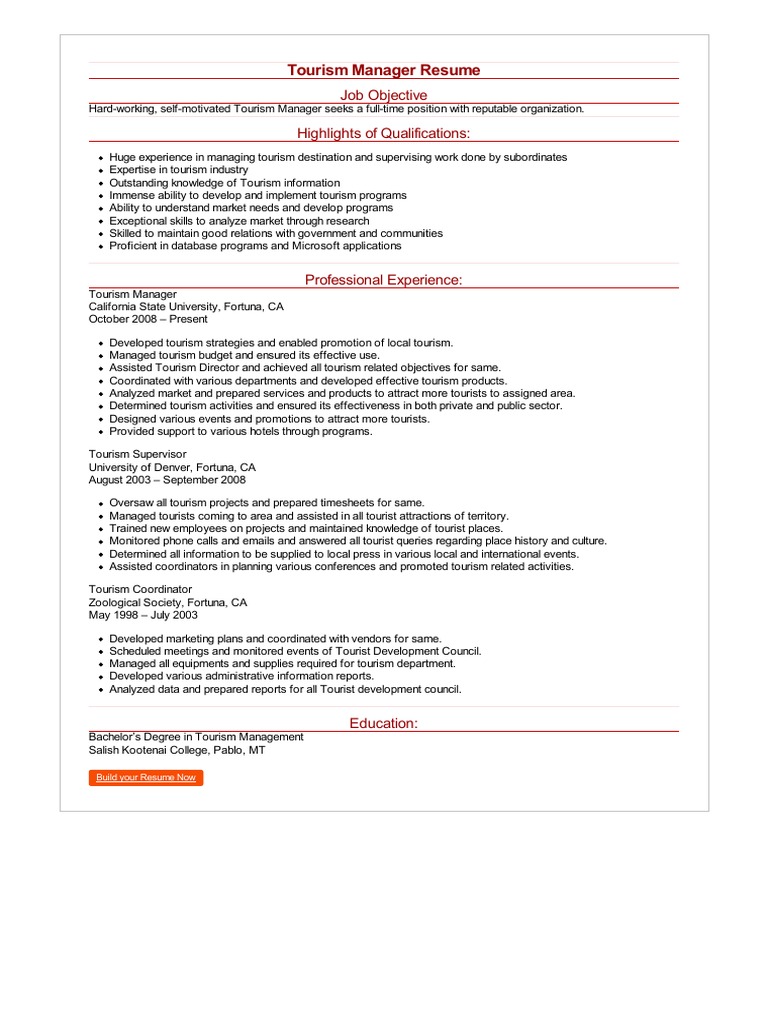 Tourism Manager Resume: Job Objective Highlights of Qualifications ...