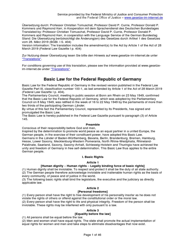 Basic Law for the Federal Republic of Germany: An English Translation ...