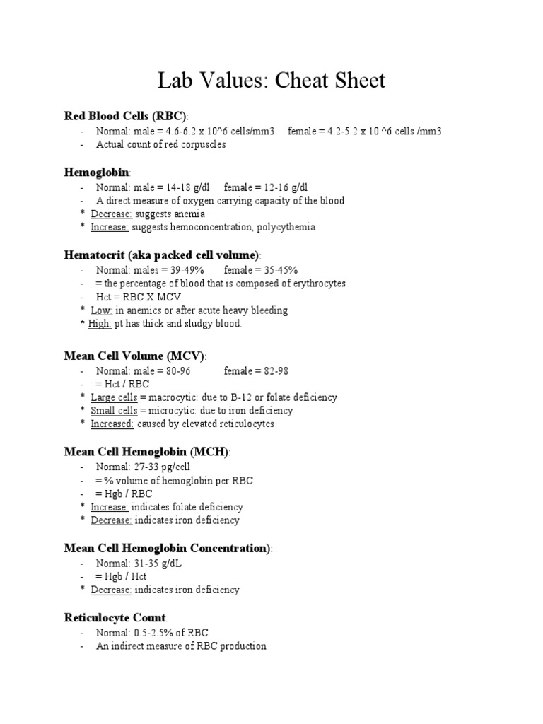 Lab Values Cheat Sheet | PDF | Anemia | Red Blood Cell
