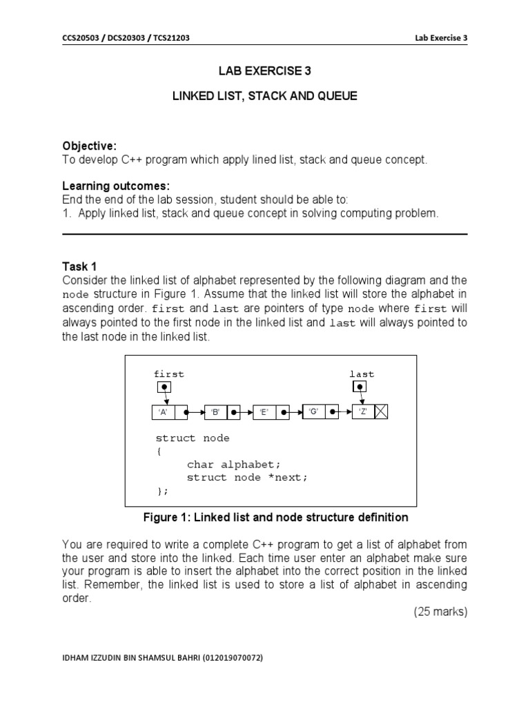 Lab Exercise 3 Linked List, Stack and Queue | PDF | C++ | Queue ...