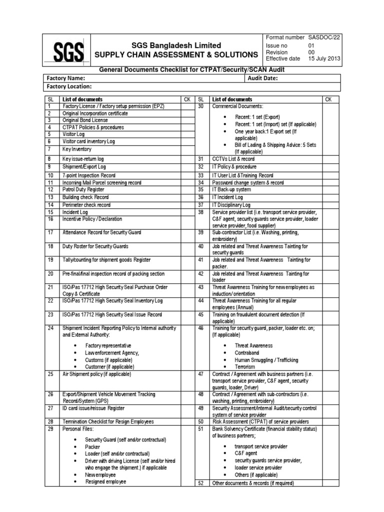 Checklist for CTPAT/Security/SCAN Audit Documents | PDF | Security ...