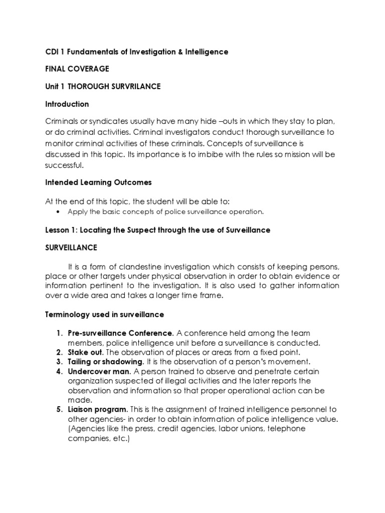 CDI 1 Finals Unit 1 | PDF | Undercover Operation | Surveillance