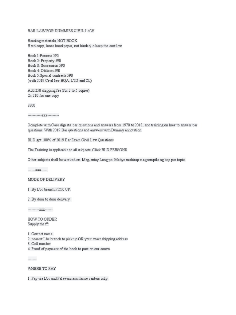 Bar Law For Dummies Civil Law | PDF