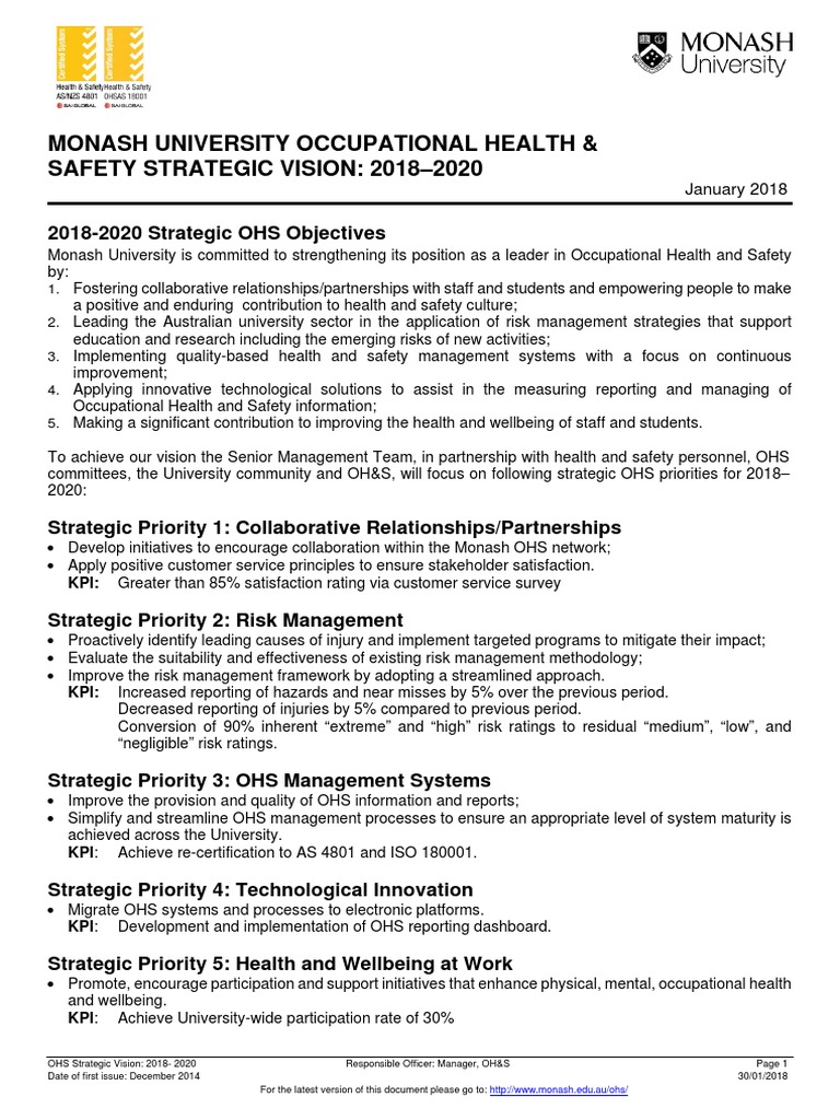 Monash University Occupational Health & Safety Strategic Vision: 2018 ...