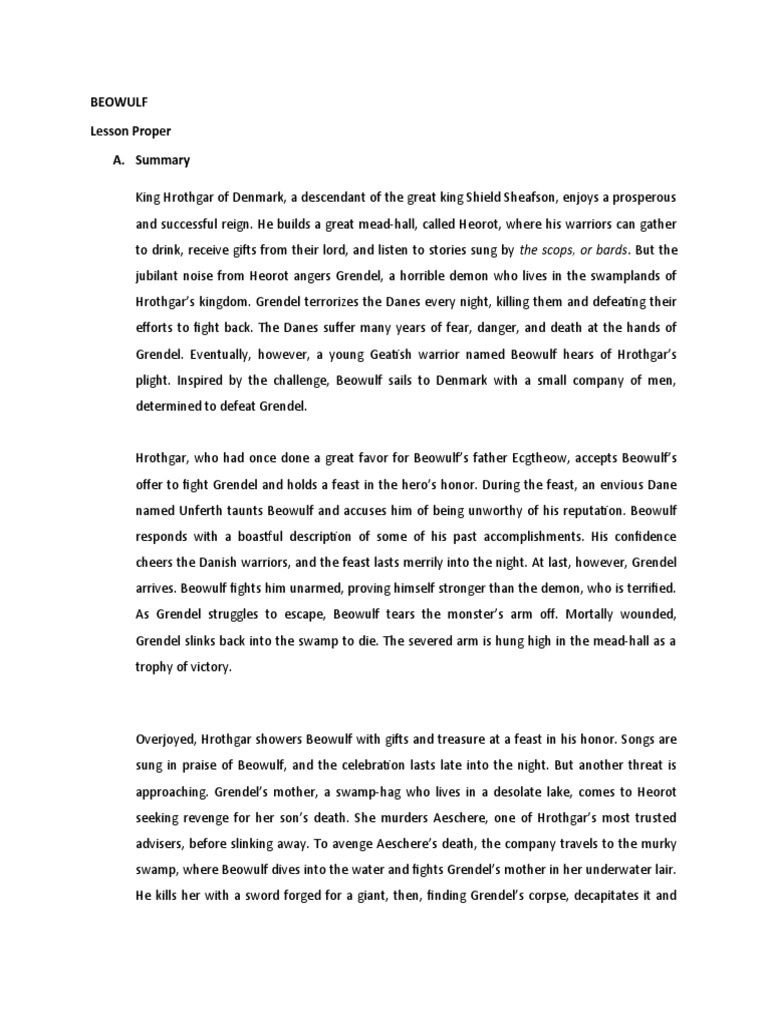 Beowulf Lesson Proper A. Summary | PDF | Beowulf | Geats