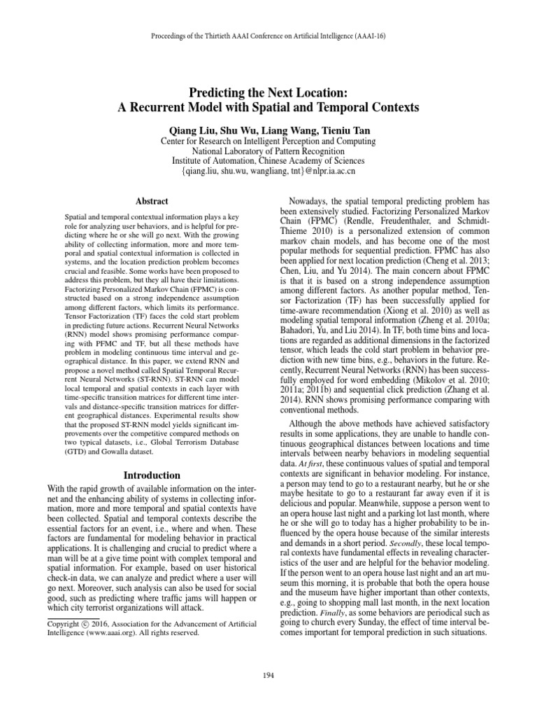 Predicting The Next Location: A Recurrent Model With Spatial and Temporal Contexts | PDF ...