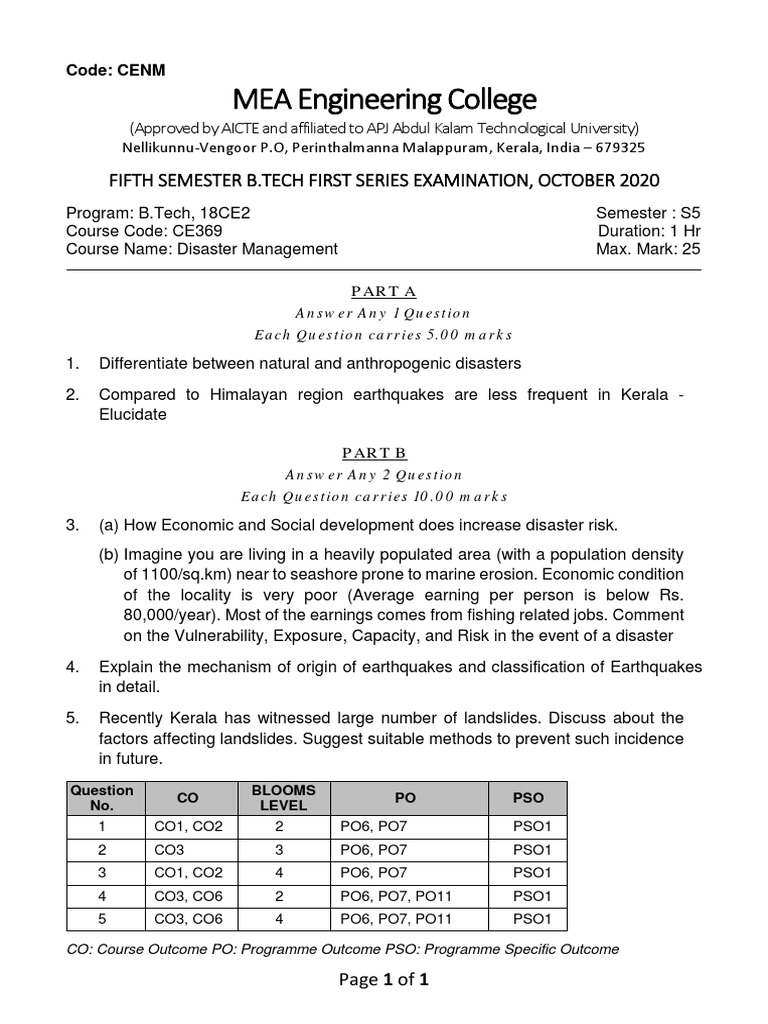 MEA Engineering College: Fifth Semester B.Tech First Series Examination, October 2020 | PDF ...