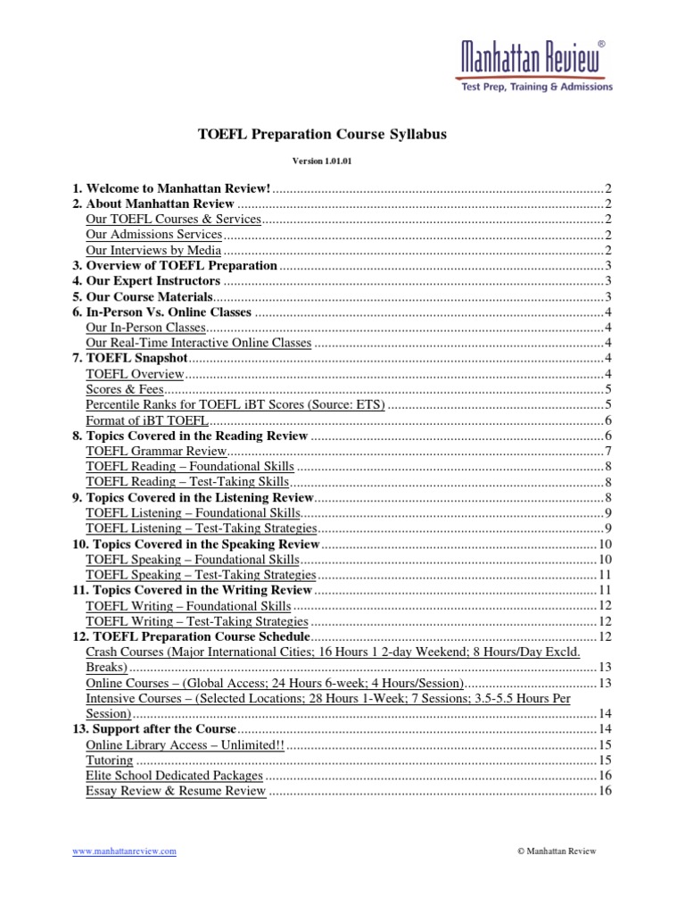 TOEFL Preparation Course Syllabus: © Manhattan Review | PDF | Career ...
