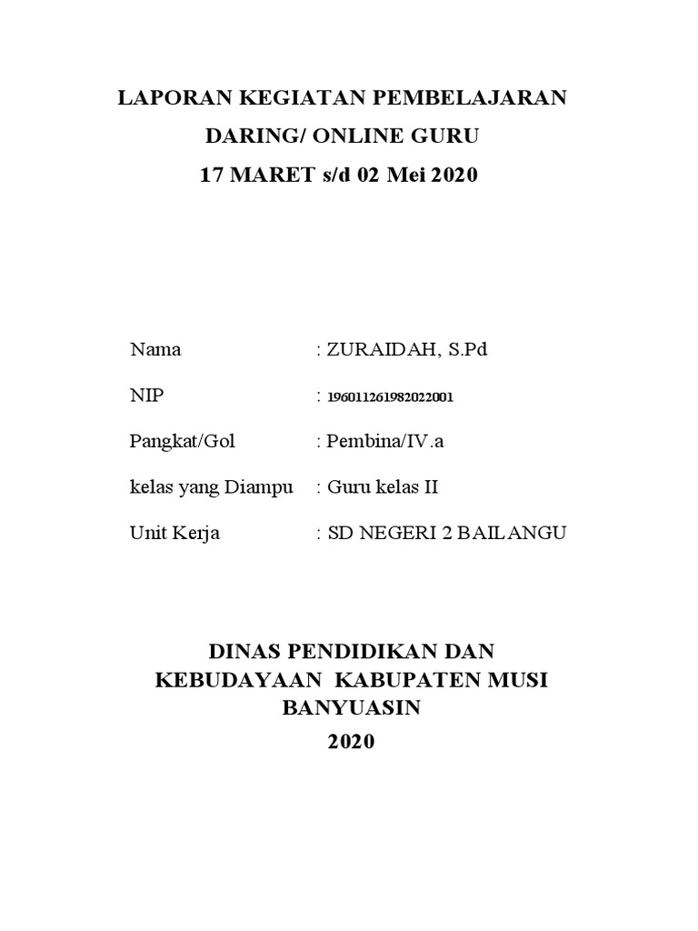 Laporan Pembelajaran Daring Kelas 2 Zuraidah SDN 2 Bailangu | PDF