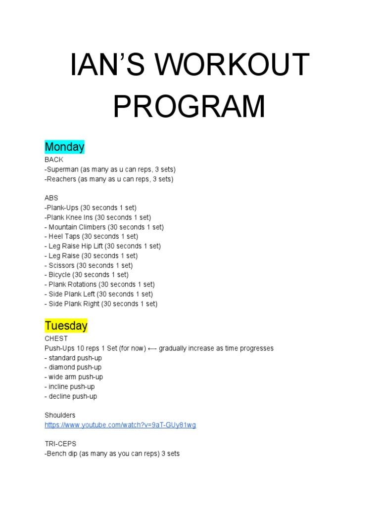 Ian's Weekly Workout Plan | PDF