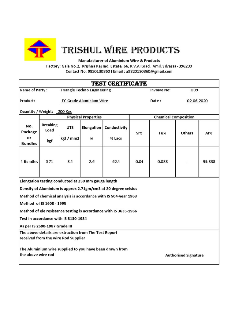Test Certificate for Aluminium Wire | PDF | Home & Garden | Technology ...