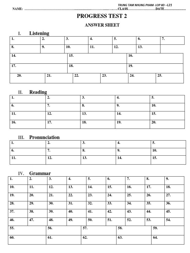 L21-Progress Test 2 - ANSWER SHEET - FOR STUDENTS | PDF | Applied ...