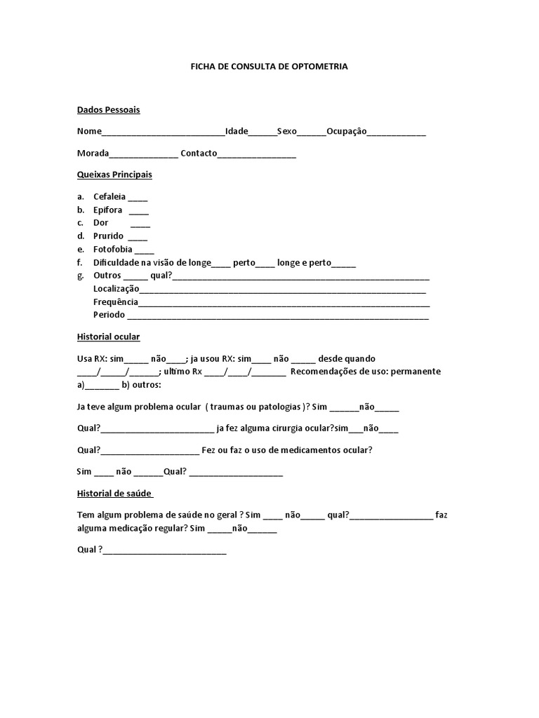 Ficha de Consulta de Optometria | PDF | Doenças do olho e anexos | Olho ...