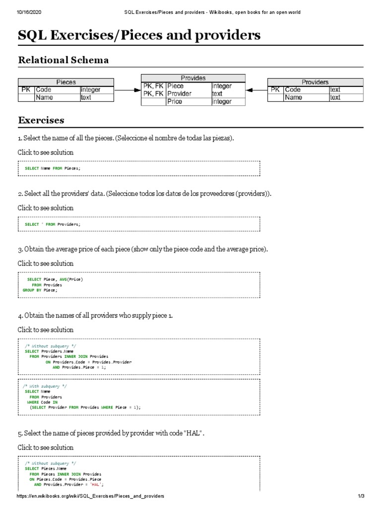 SQL Exercises - Pieces and Providers - Wikibooks, Open Books For An Open World With Answers PDF ...