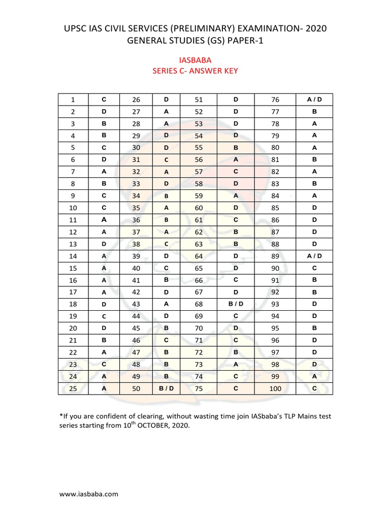 IASbaba ANSWER KEY Series C General Studies Paper I UPSC IAS Civil ...