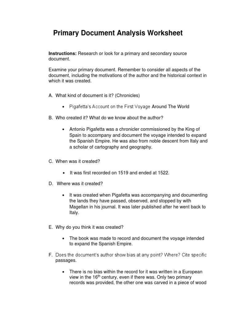 Primary Document Analysis Worksheet (Magellan-Elcano Voyage Around The ...