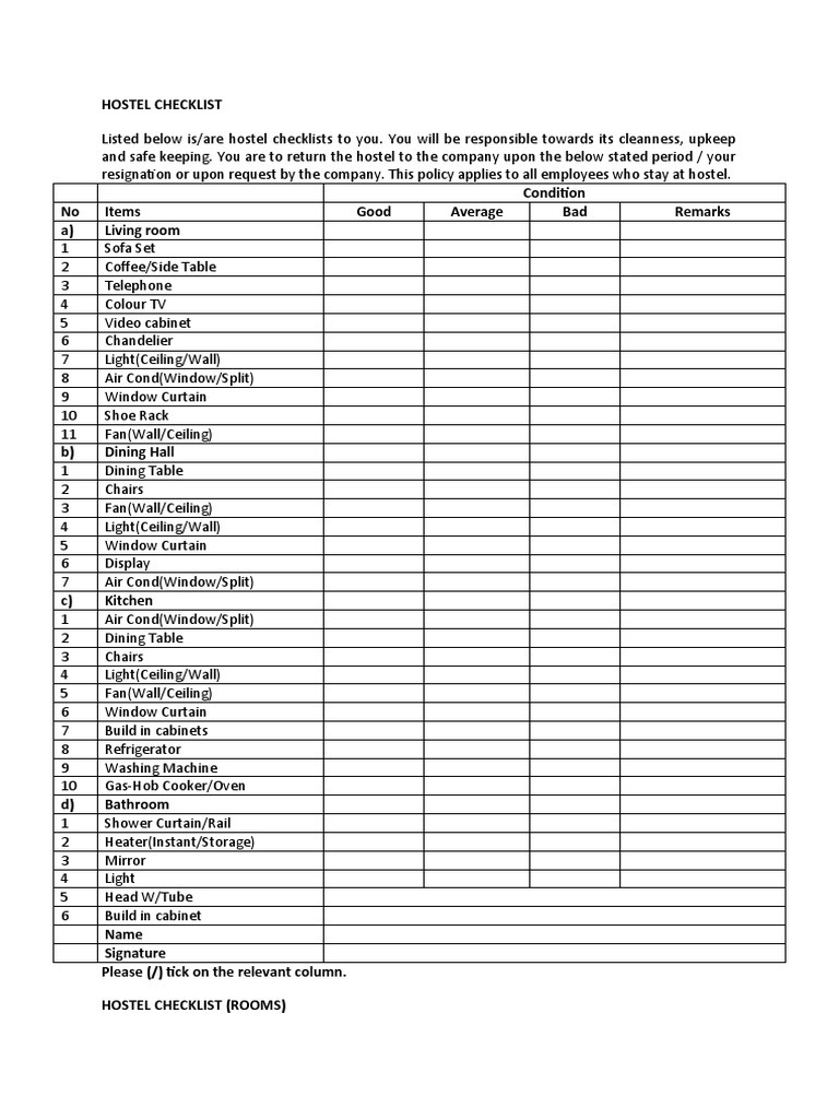 Hostel Checklist | PDF | Bed | Architectural Elements